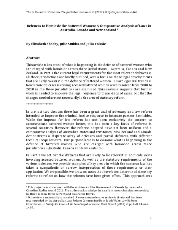 (PDF) Defences to Homicide for Battered Women: A Comparative Analysis ...