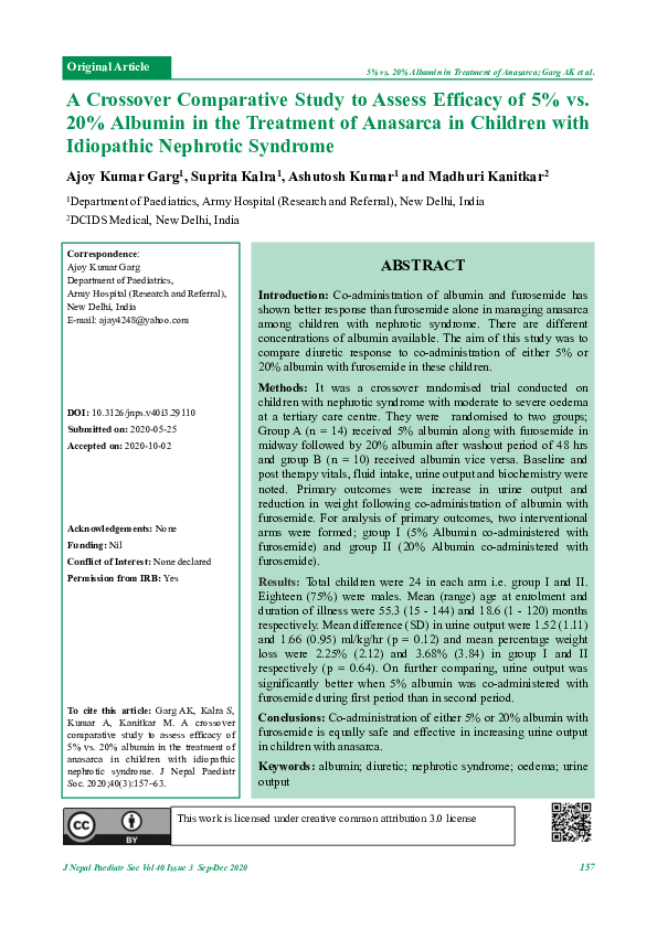 (PDF) Efficacy of 5% vs. 20% Albumin in Pediatric Nephrotic Syndrome