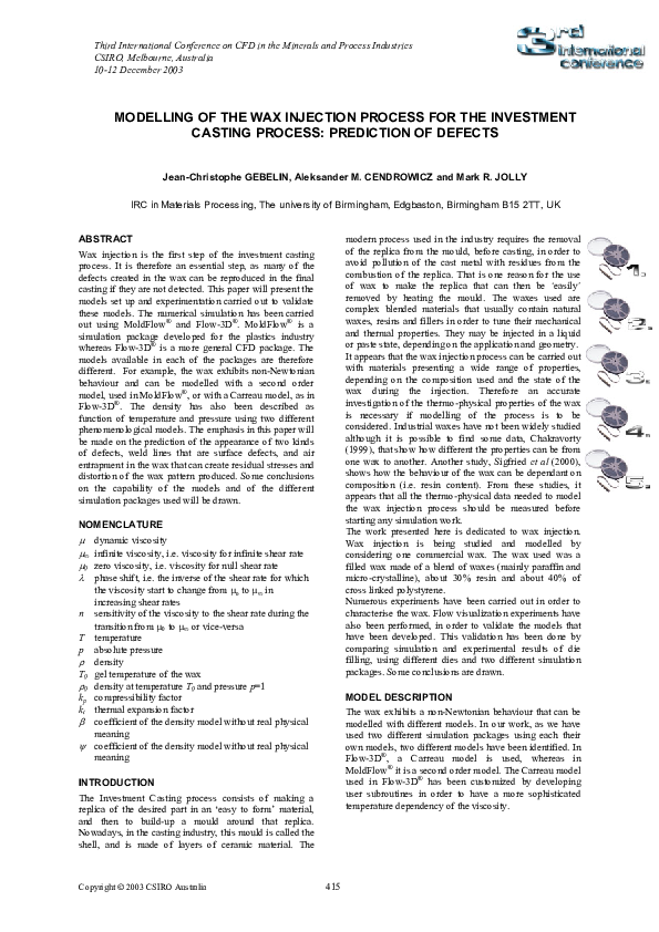 (PDF) Modelling of the Wax Injection Process for the Investment Casting ...