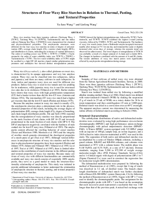 (PDF) Structures of Four Waxy Rice Starches in Relation to Thermal, Pasting, and Textural Properties