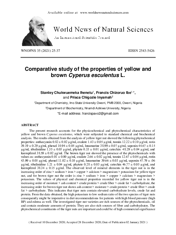 (PDF) Comparative study of the properties of yellow and brown Cyperus esculentus L
