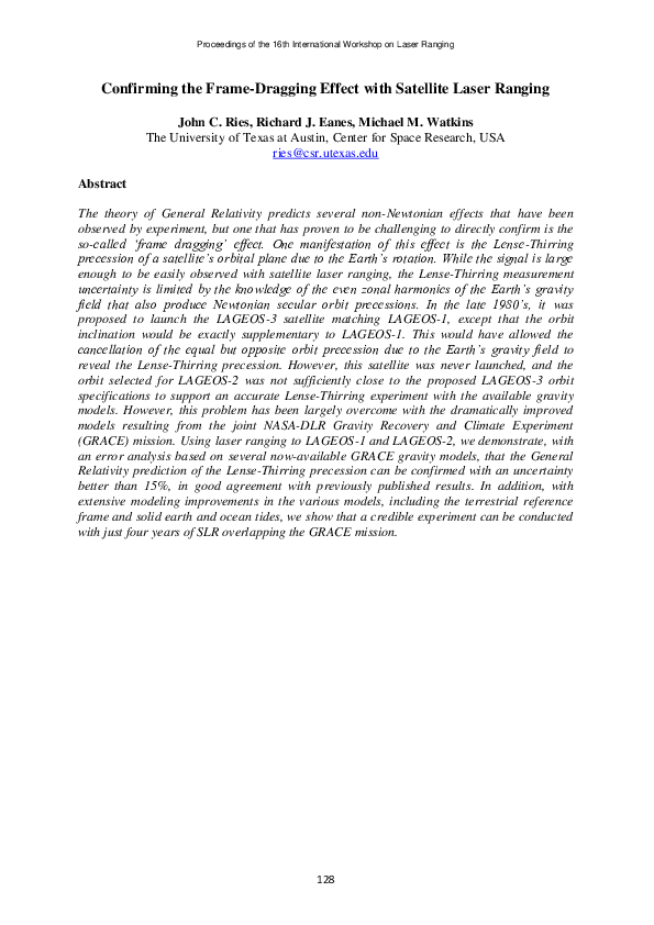 (PDF) Confirming the Frame-Dragging Effect with Satellite Laser Ranging