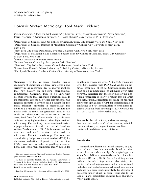 (PDF) Forensic surface metrology: tool mark evidence