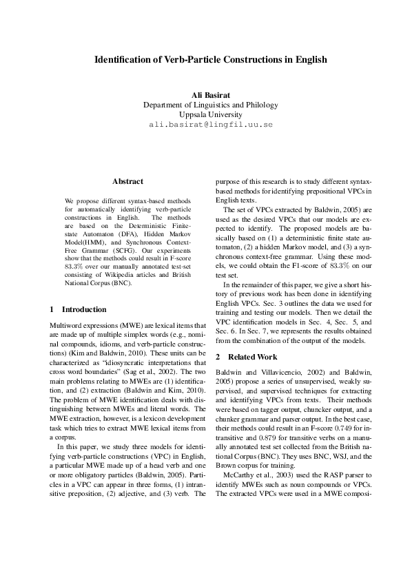 (PDF) Identification of Verb-Particle Constructions in English