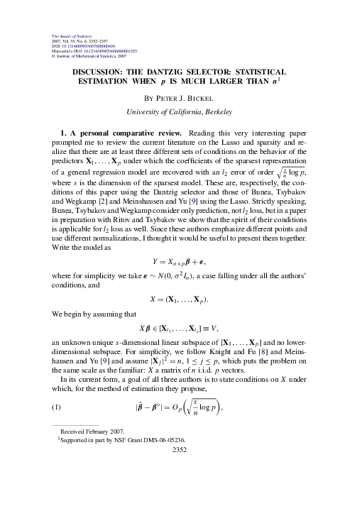 (PDF) Discussion: The Dantzig selector: Statistical estimation when p ...