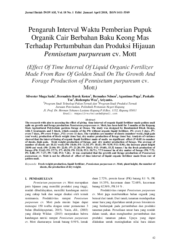 (PDF) Pengaruh Interval Waktu Pemberian Pupuk Organik Cair Berbahan Baku Keong Mas Terhadap ...
