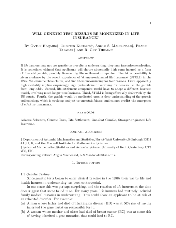 (PDF) 1 WILL GENETIC TEST RESULTS BE MONETIZED IN LIFE INSURANCE ? By