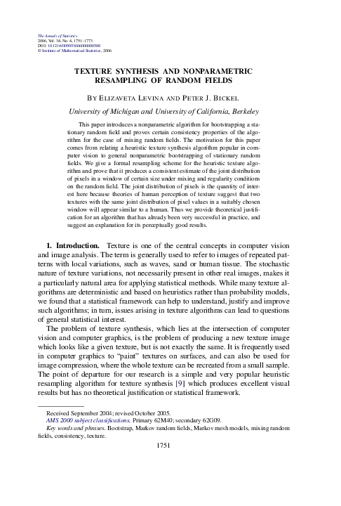 (PDF) Texture synthesis and nonparametric resampling of random fields