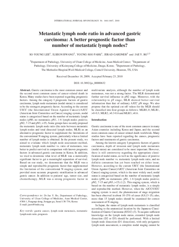 (PDF) Metastatic lymph node ratio in advanced gastric carcinoma: a better prognostic factor than ...