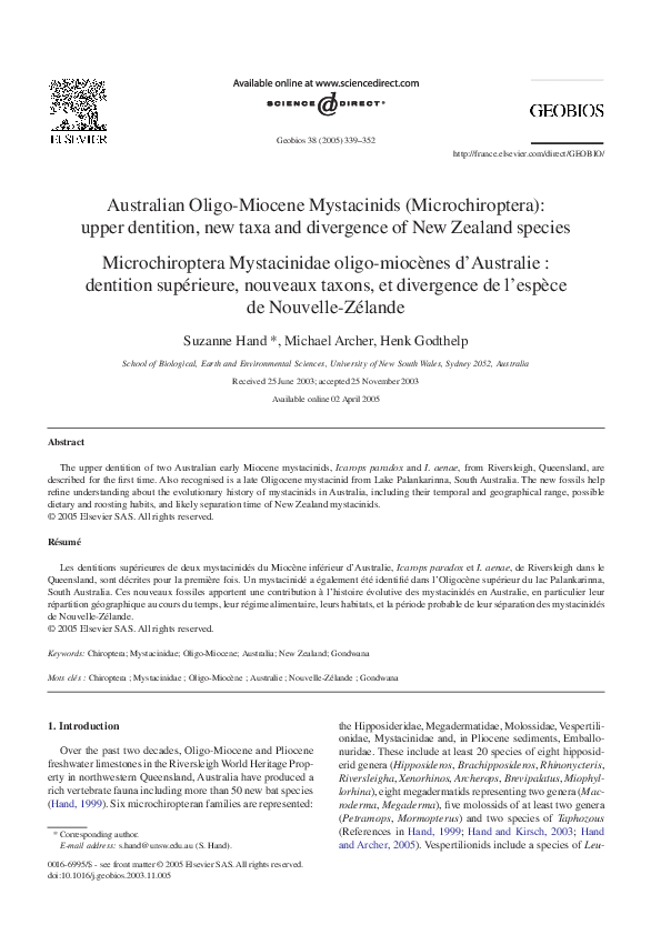 (PDF) Australian Oligo-Miocene Mystacinids (Microchiroptera): upper ...