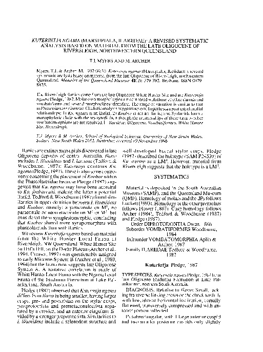 (PDF) Kuterintja Ngama (Marsupiala, Ilariidae): A Revised Systematic ...