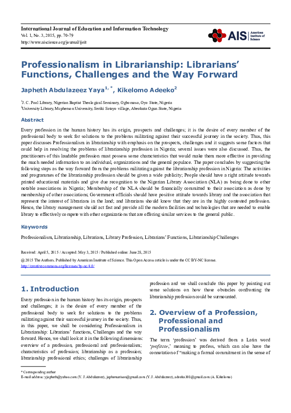 (PDF) Professionalism in Librarianship: Librarians’ Functions ...