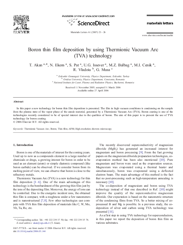 (PDF) Boron thin film deposition by using Thermionic Vacuum Arc (TVA ...