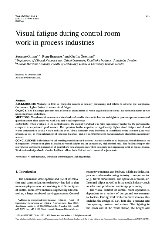 (PDF) Visual fatigue during control room work in process industries