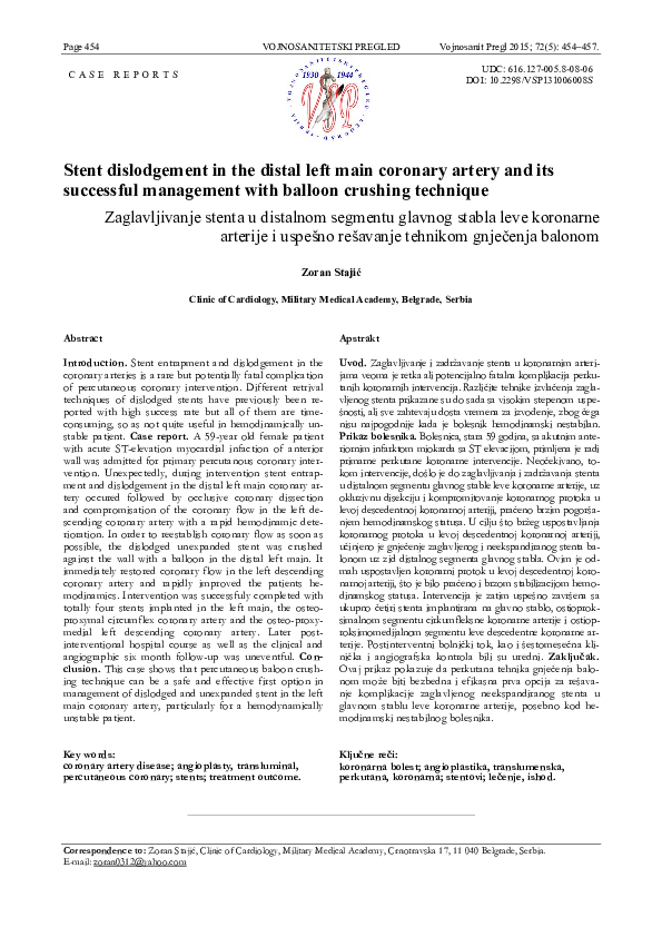 (PDF) Stent dislodgement in the distal left main coronary artery and ...