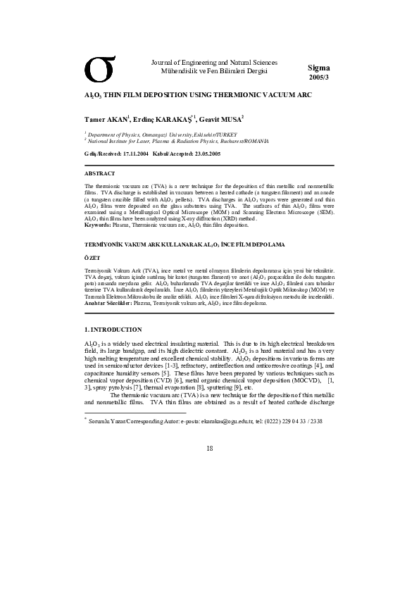 (PDF) Al2O3 THIN FILM DEPOSITION USING THERMIONIC VACUUM ARC