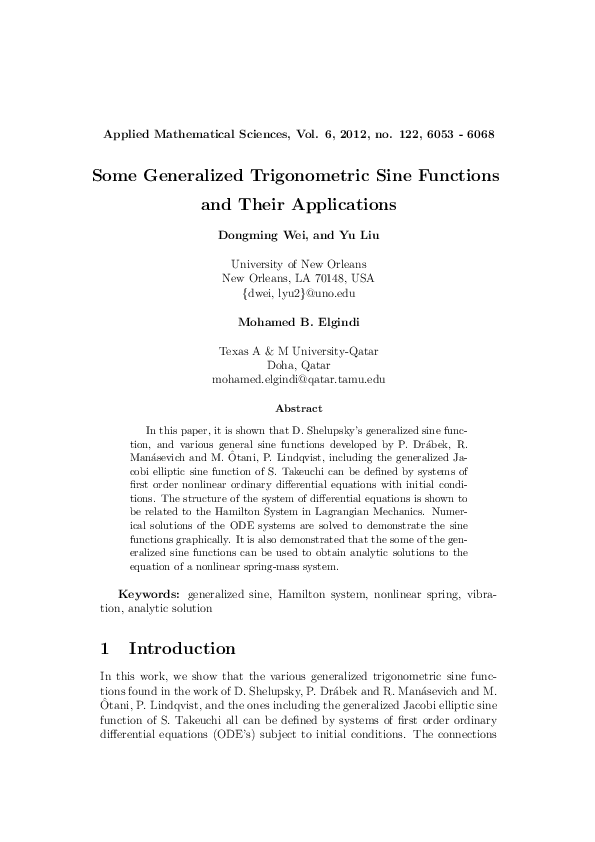 Pdf Some Generalized Trigonometric Sine Functions And Their Applications