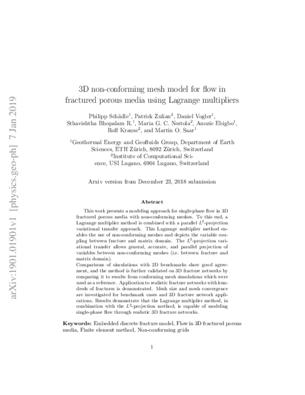 (PDF) 3D non-conforming mesh model for flow in fractured porous media ... (PDF) 3D non-conforming mesh model for flow in fractured porous media ...