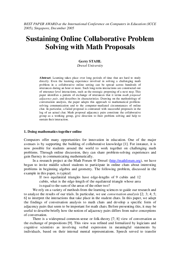 (PDF) Sustaining Online Collaborative Problem Solving with Math Proposals