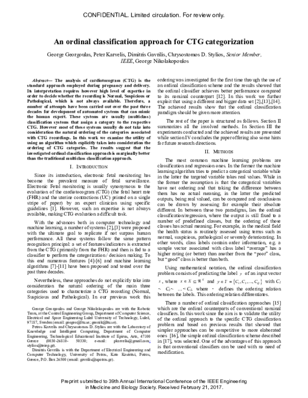 Pdf An Ordinal Classification Approach For Ctg Categorization