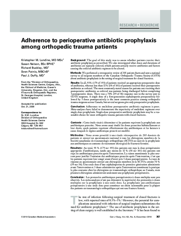 (PDF) Adherence to Peri-Operative Antibiotic Prophylaxis in Orthopaedic ...