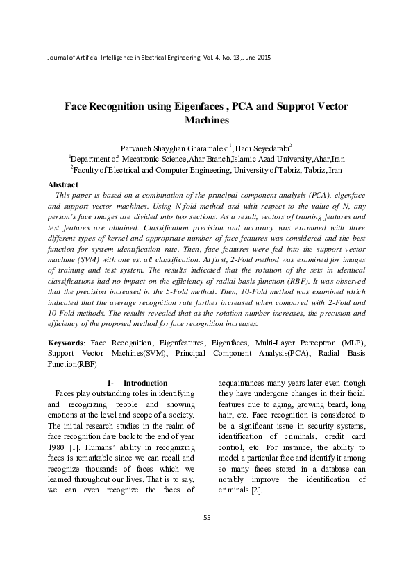 (PDF) Face Recognition using Eigenfaces , PCA and Supprot Vector Machines