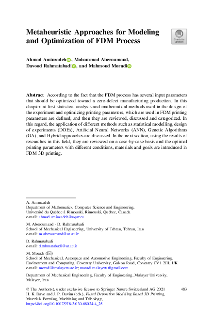 (PDF) Metaheuristic Approaches for Modeling and Optimization of FDM Process