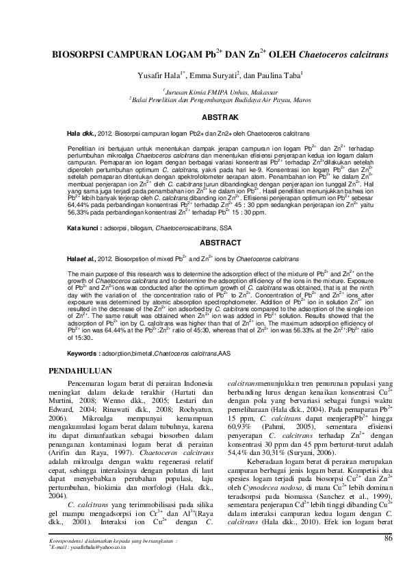 (PDF) BIOSORPSI CAMPURAN LOGAM Pb2+ DAN Zn2+ OLEH Chaetoceros calcitrans