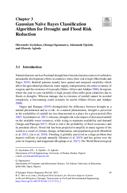 (PDF) Gaussian Naïve Bayes Classification Algorithm for Drought and Flood Risk Reduction
