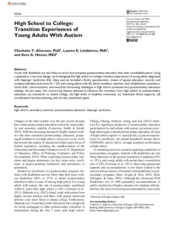 (PDF) High School to College: Transition Experiences of Young Adults ...