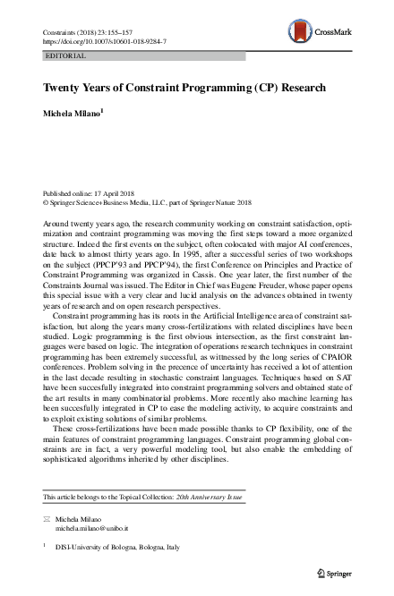 (PDF) Twenty Years of Constraint Programming (CP) Research