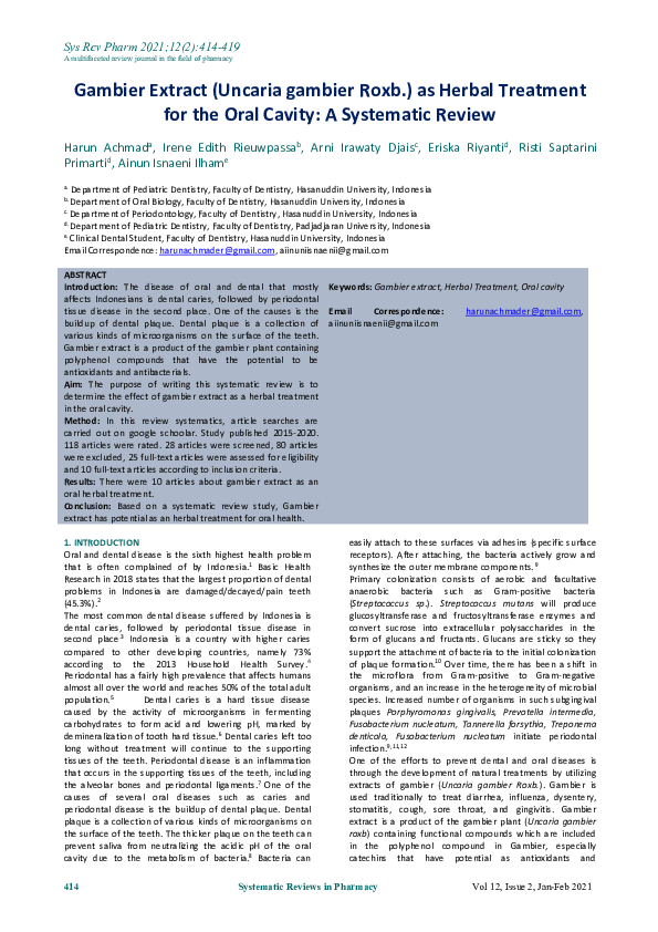 (PDF) Gambier Extract (Uncaria gambier Roxb.) as Herbal Treatment for ...