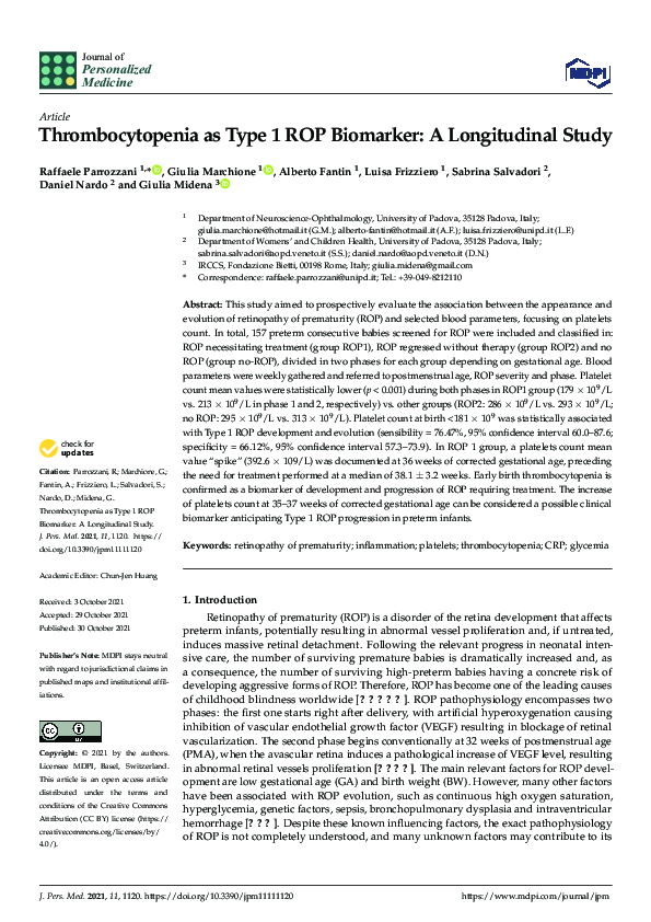 (PDF) Thrombocytopenia as Type 1 ROP Biomarker: A Longitudinal Study