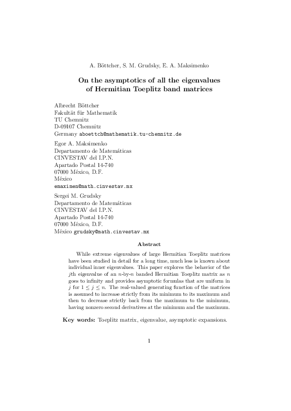 (PDF) On the asymptotics of all eigenvalues of Hermitian Toeplitz band matrices