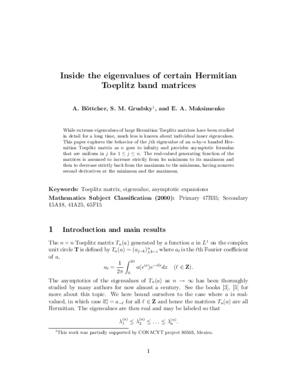 (PDF) Inside the eigenvalues of certain Hermitian Toeplitz band matrices | S. Grudsky - Academia.edu