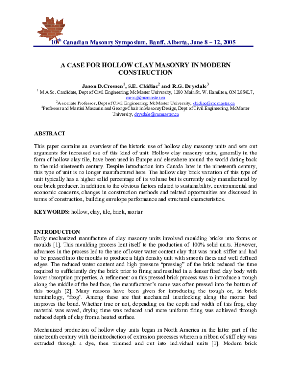(PDF) Alberta , June 8 – 12 , 2005 A CASE FOR HOLLOW CLAY MASONRY IN ...