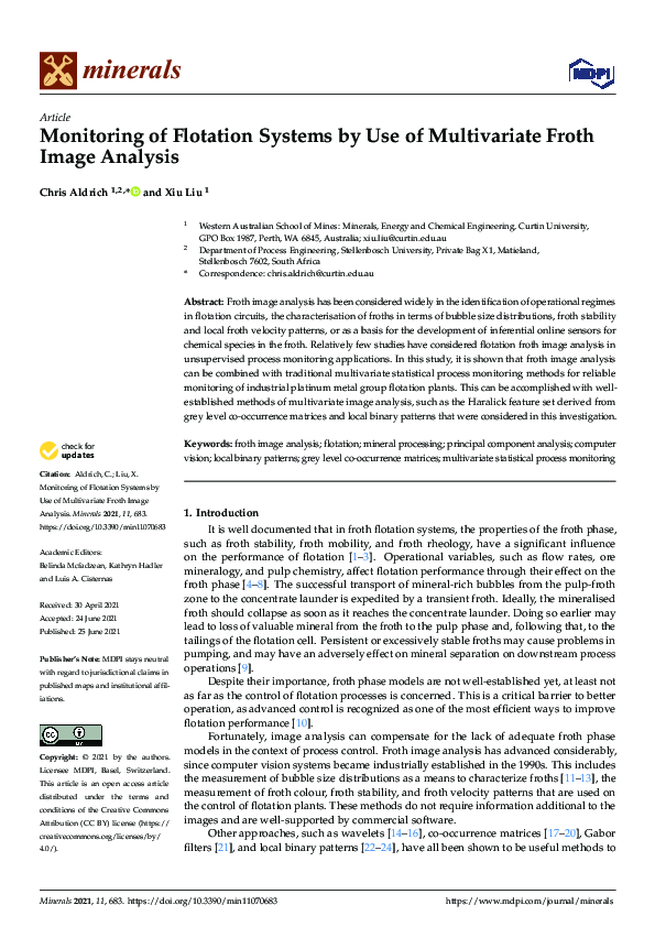 Pdf Monitoring Of Flotation Systems By Use Of Multivariate Froth Image Analysis