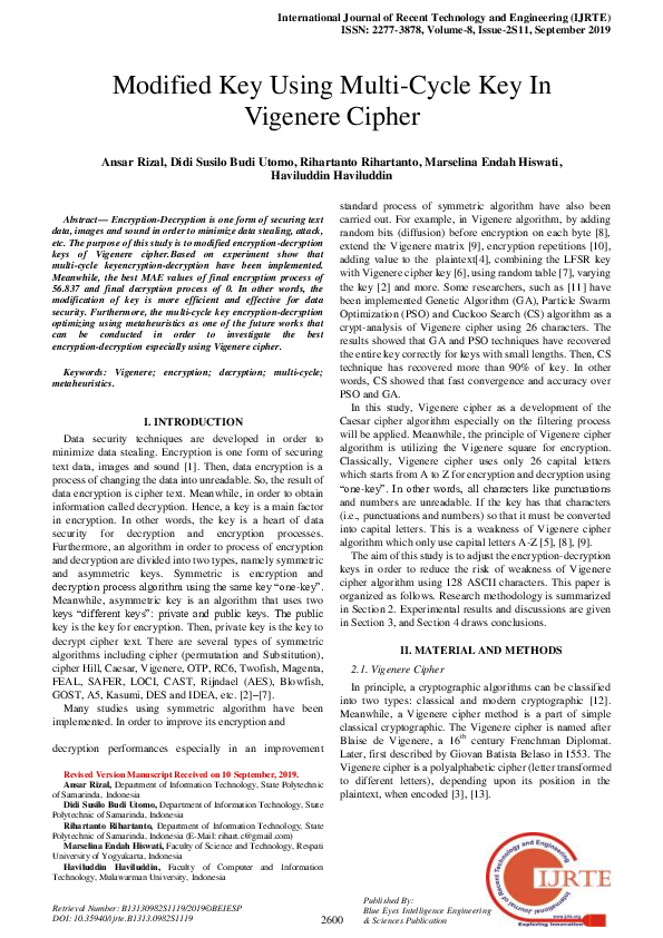 (PDF) Modified Key Using Multi-Cycle Key In Vigenere Cipher