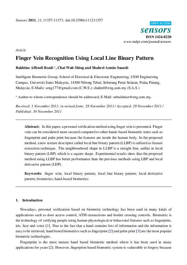 Pdf Finger Vein Recognition Using Local Line Binary Pattern