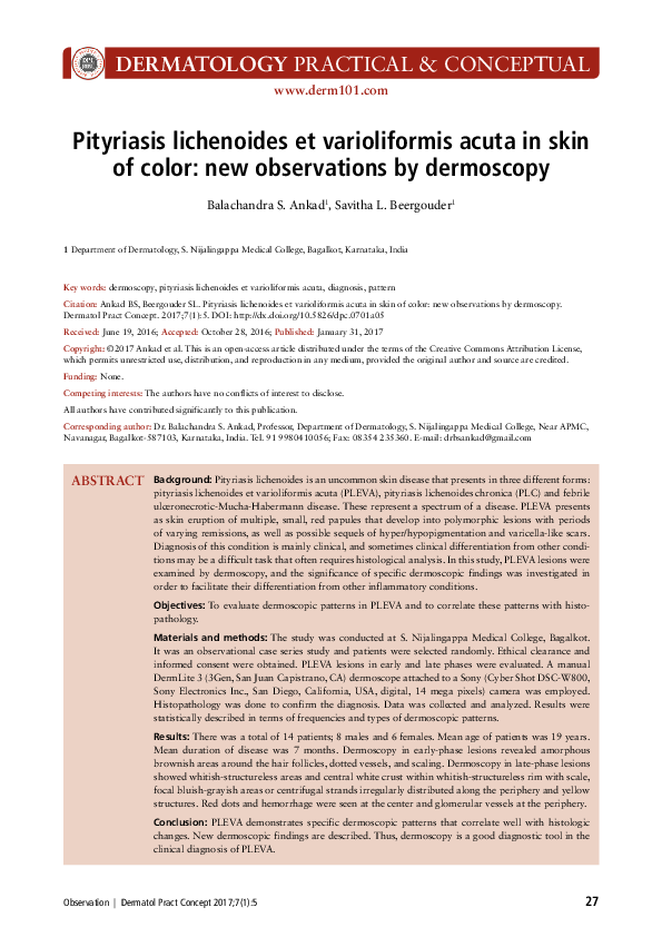 (PDF) Pityriasis lichenoides et varioliformis acuta in skin of color ...