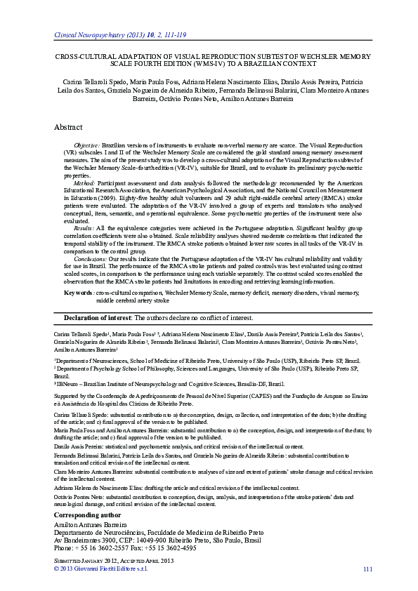 (PDF) Adapting WMS-IV Visual Reproduction for Brazil