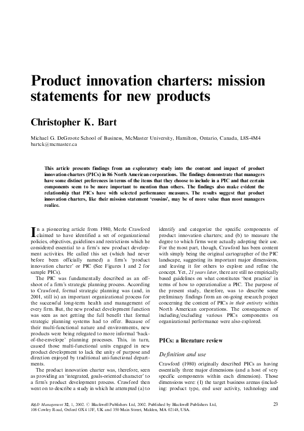 (PDF) Product innovation charters: Mission statements for new products