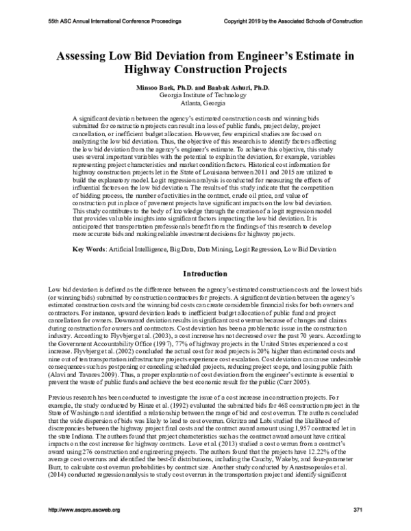 (PDF) Assessing Low Bid Deviation from Engineer’s Estimate in Highway ...
