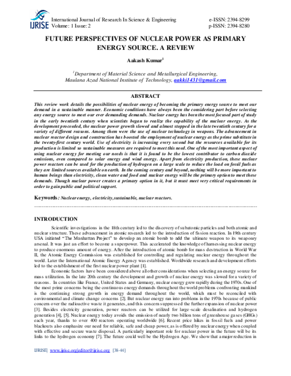 (PDF) Future Perspectives of Nuclear Power as Primary Energy Source. A ...