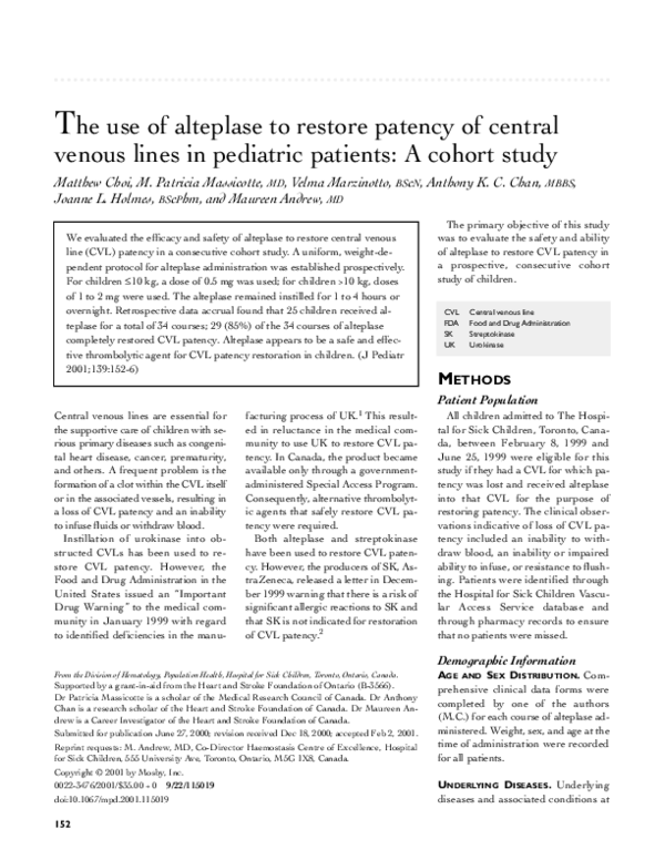 (PDF) The use of alteplase to restore patency of central venous lines ...