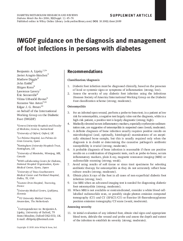 (PDF) IWGDF guidance on the diagnosis and management of foot infections ...