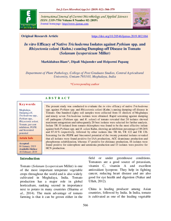 Pdf In Vitro Efficacy Of Native Trichoderma Isolates Against Pythium Spp And Rhizoctonia