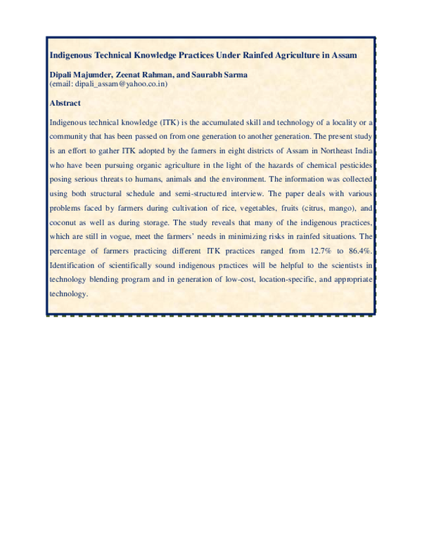 (PDF) Indigenous Technical Knowledge Practices Under Rainfed Agriculture in Assam