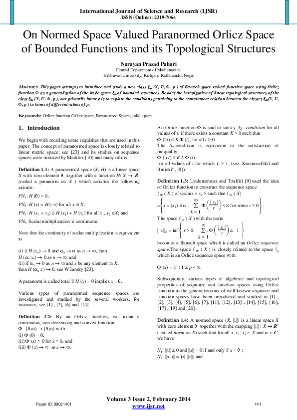 (PDF) On Normed Space Valued Paranormed Orlicz Space of Bounded Functions and its Topological ...