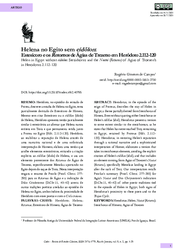 (PDF) Helena no Egito sem eídōlon: Estesícoro e os Retornos de Ágias de ...